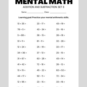 Mental Math Printable Addition Subtraction Student Worksheet Arithmetic ...