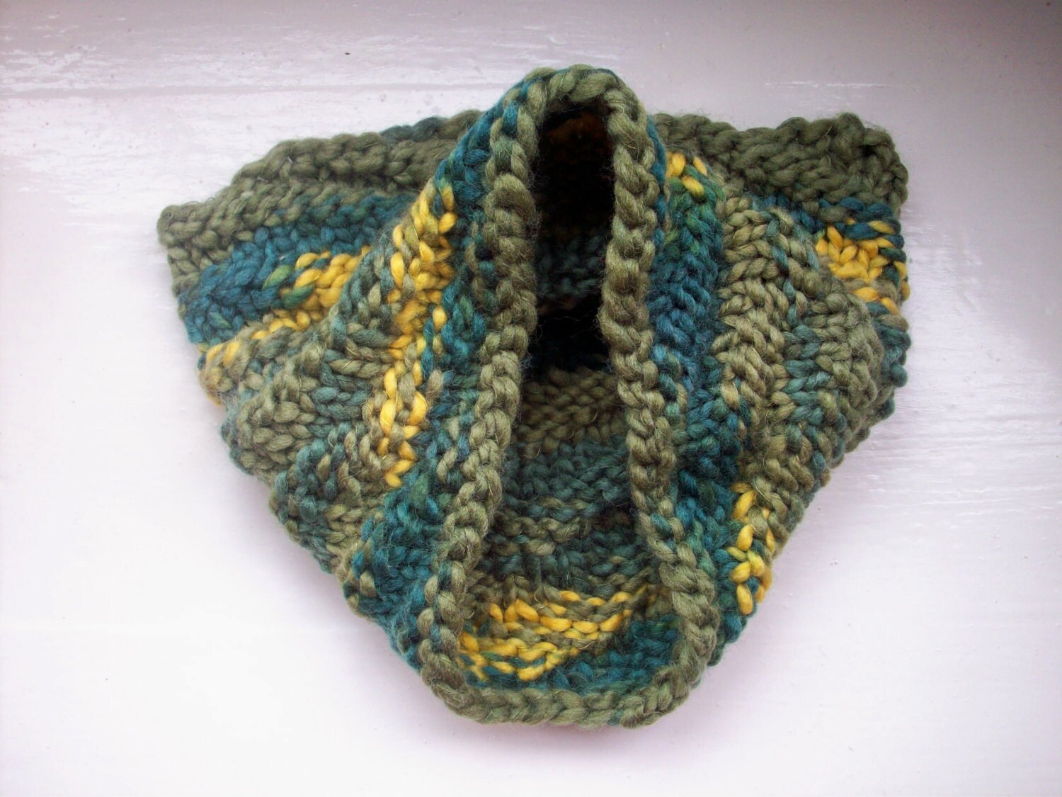 Knitted Neck Warmer, Cosy Cowl, Warm Collar, Dark Green, Gold, Wool ...