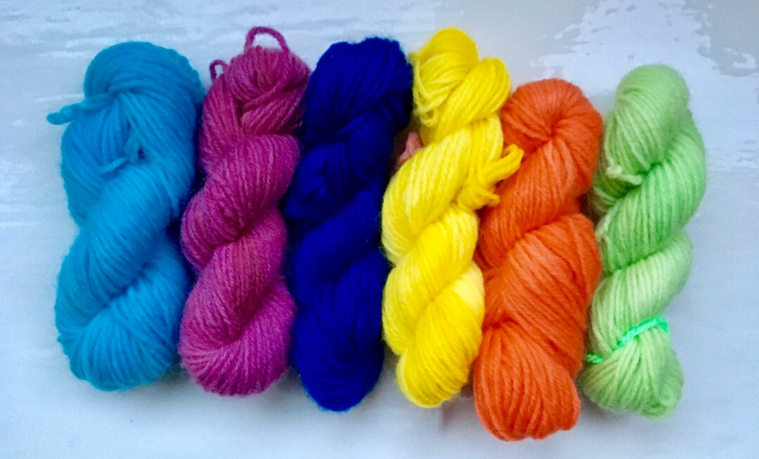 Hand Dyed Mini Skein Set , Bright Rainbow, Sock Wool, Semi Solid Colour ...
