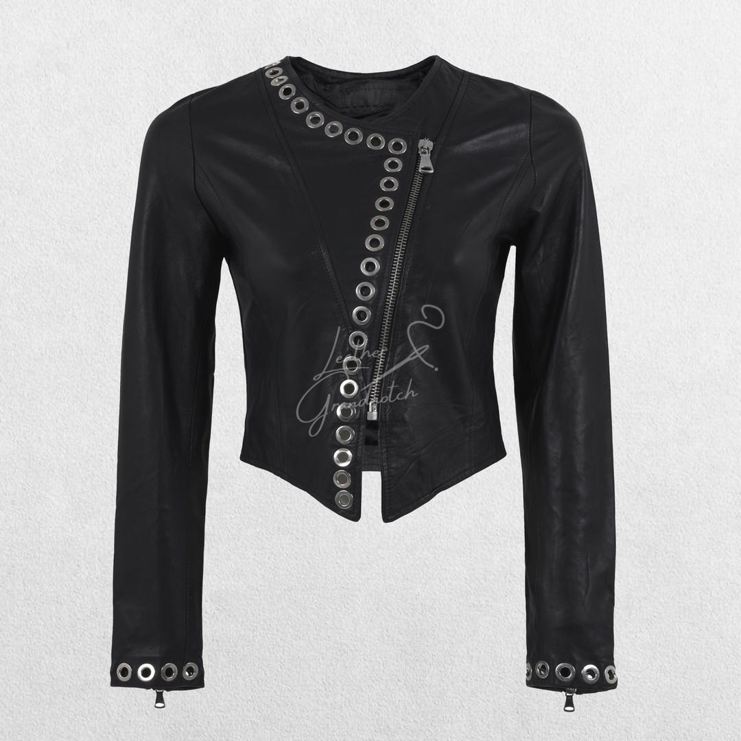 Women's Black Leather Biker Jacket With Cool Grommet Studs With YKK ...