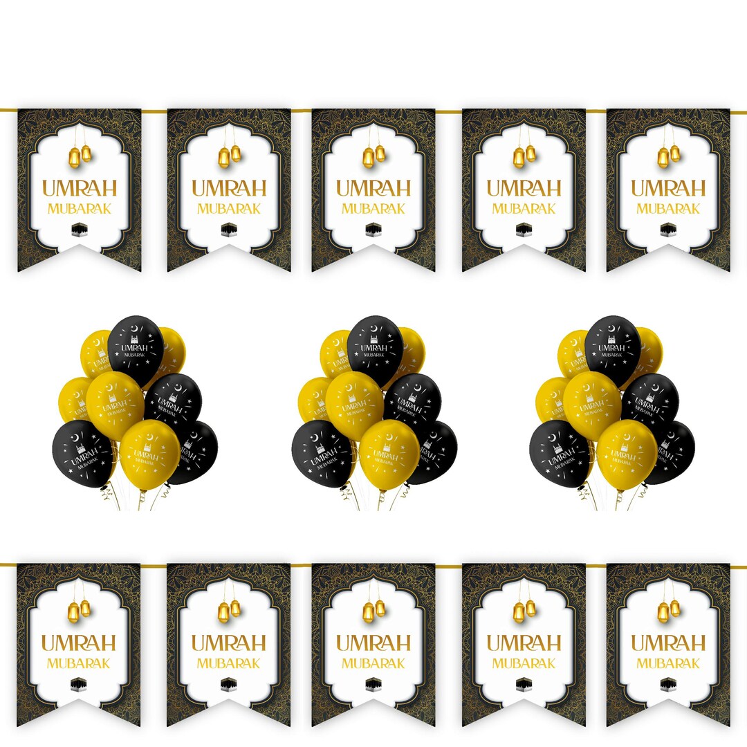 Umrah Mubarak 20pc Decoration Set (black & Gold) - Islamic Umrah Party ...