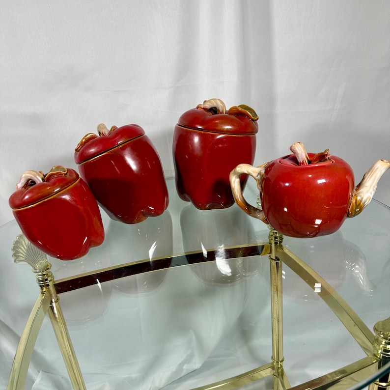 Vintage Apple Ceramic Canister and Teapot Set, Red Kitchen Decor, 4 ...