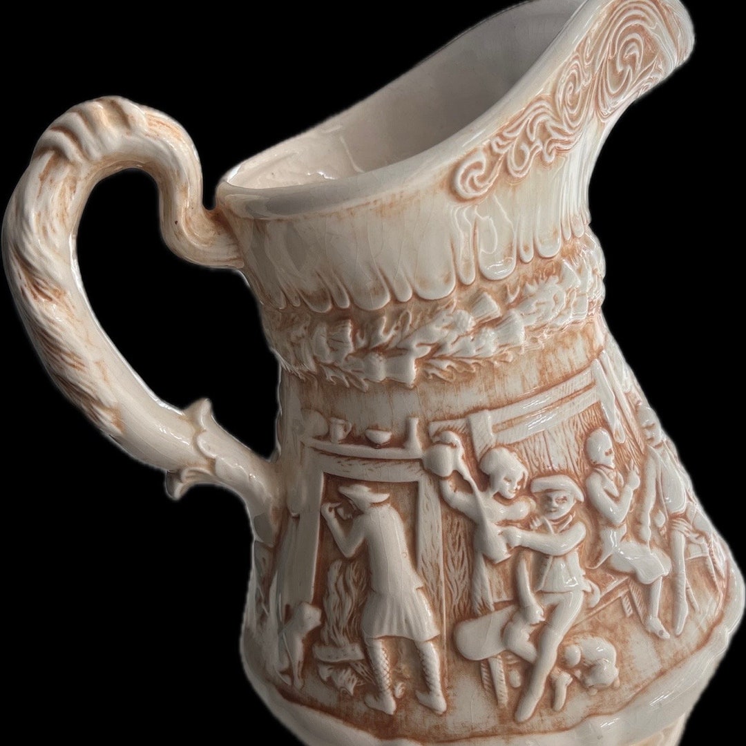 Vintage Ceramic Pitcher, Raised Witches and Ghosts Scenes, 1960s, Cream ...
