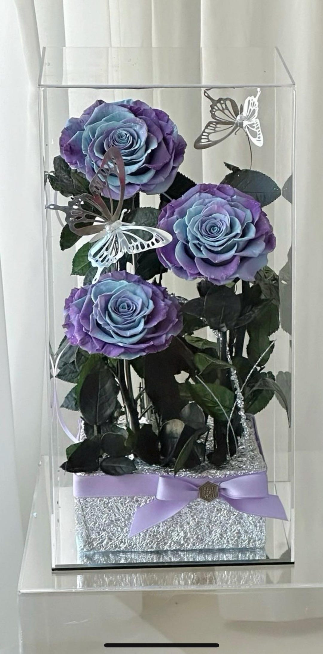 Elegant Preserved Rose Arrangement With Butterfly Ornament in Clear ...