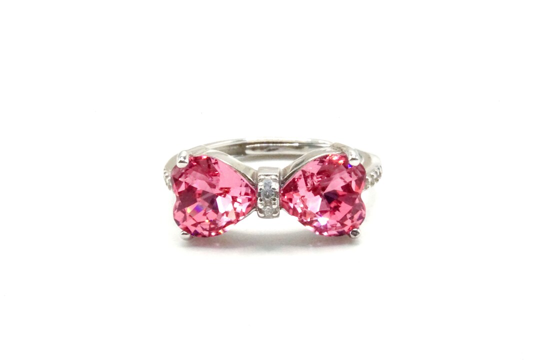 Cute Pink Crystal Ribbon Bow Ring, White Gold Silver Ribbon Ring, Pink ...
