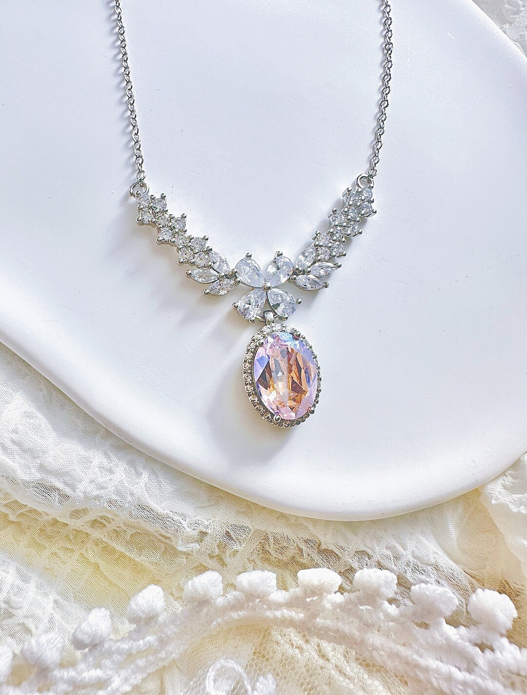 Princess Pink Bow Necklace, Silver Plated Swarovski Crystal Necklace ...