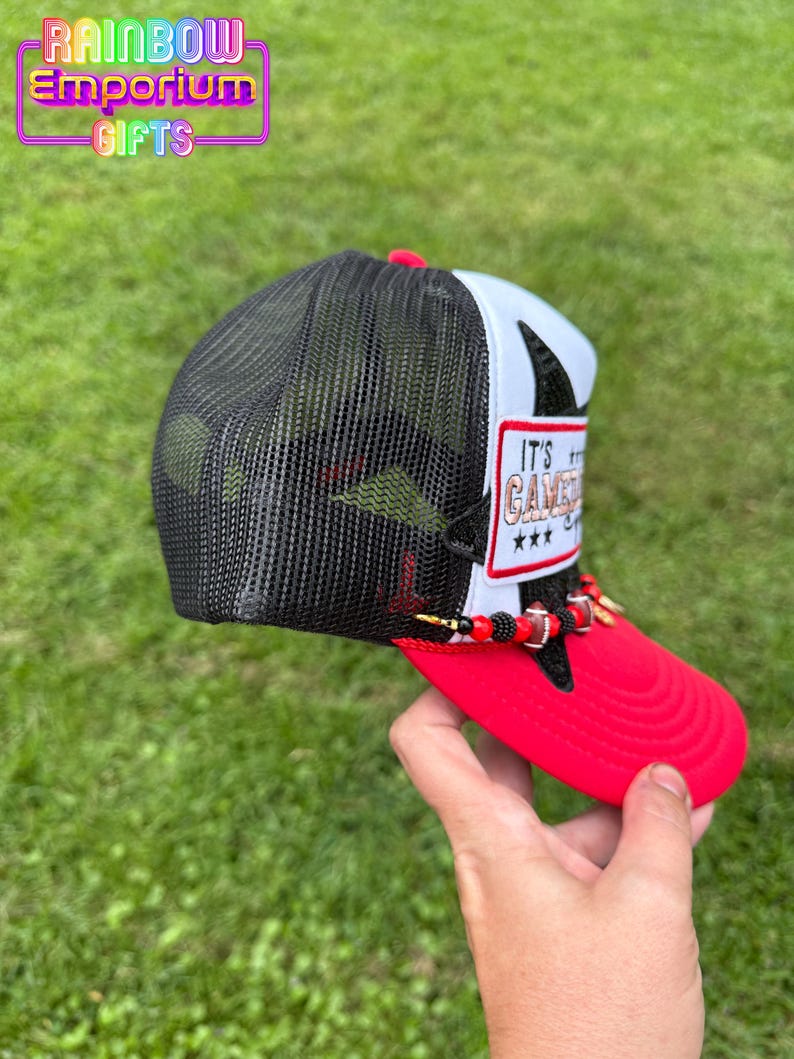 Game Day Trucker Hat: Red, Black, and Sequin Star - Optional Beaded ...