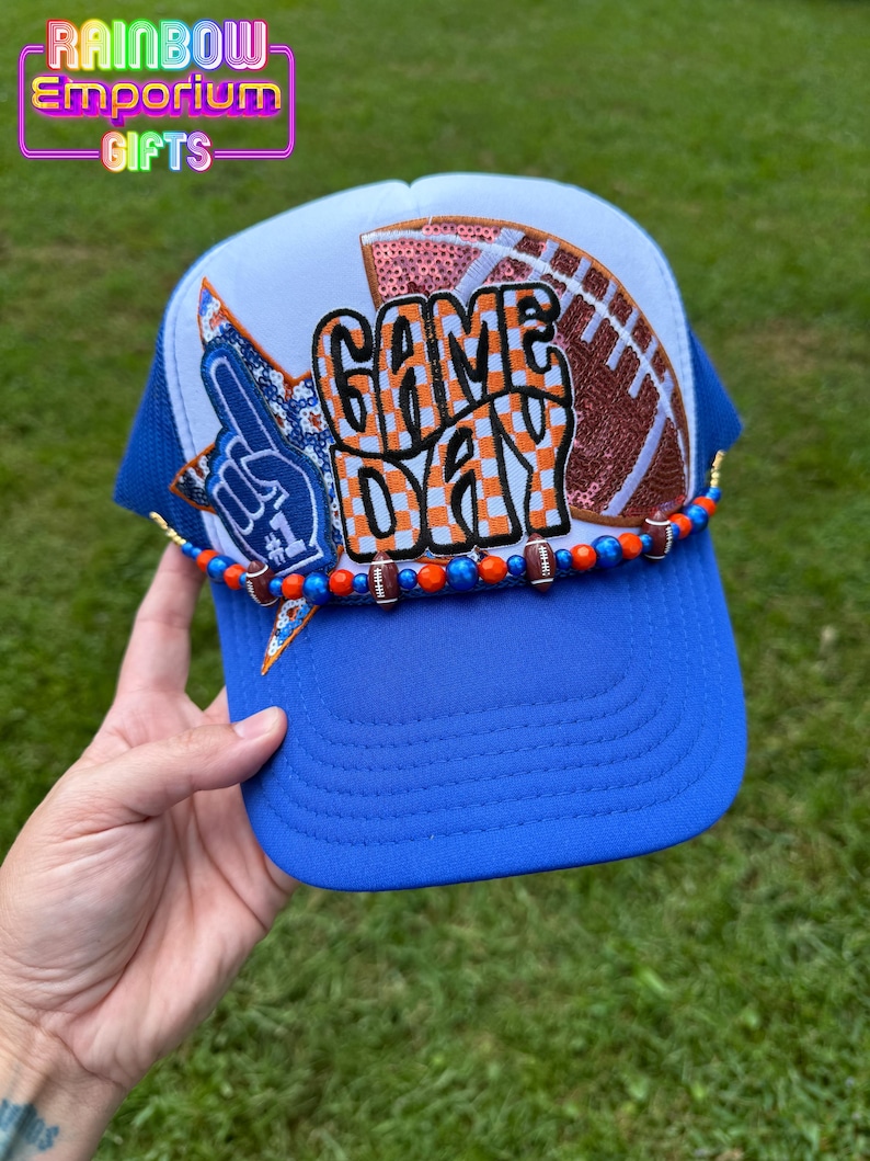 Orange & Blue Football Trucker Hat: Game Day Patchwork With Beaded ...