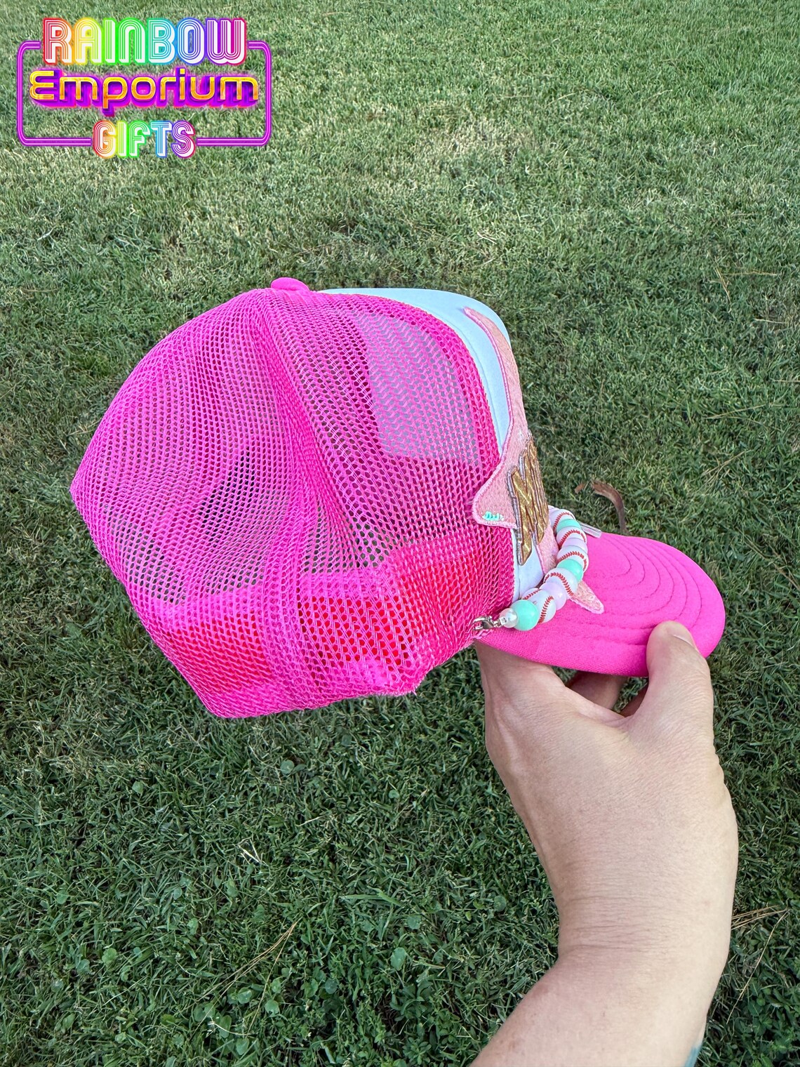 Pink Baseball Ice Cream Drip Mom Trucker Hat | Optional Beaded Hat ...