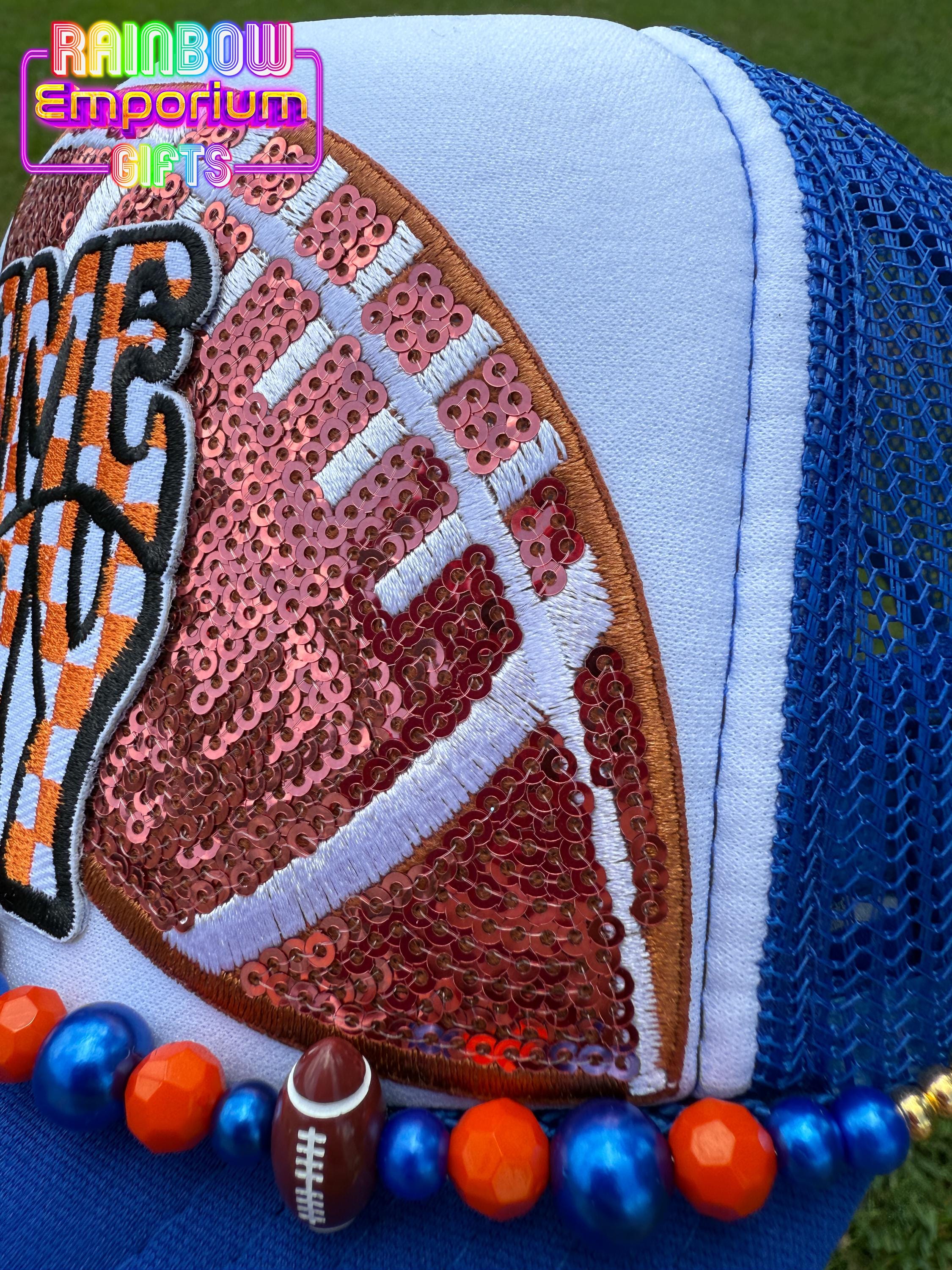 Orange & Blue Football Trucker Hat: Game Day Patchwork With Beaded ...