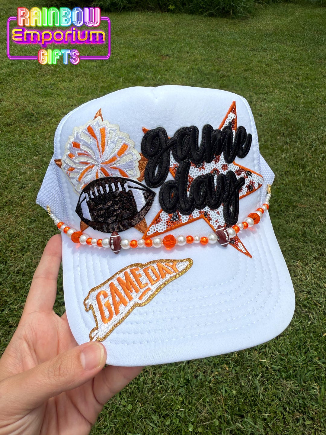 Game Day Trucker Hat: Sequin Football, Leopard Star, Optional Beaded ...