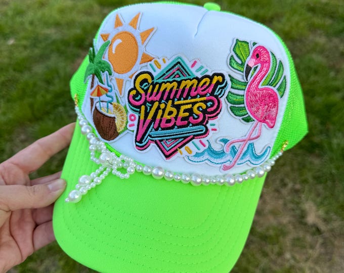 Summer Vibes Neon Trucker Hat | Patches | Flamingo, Wave, Palm Tree ...