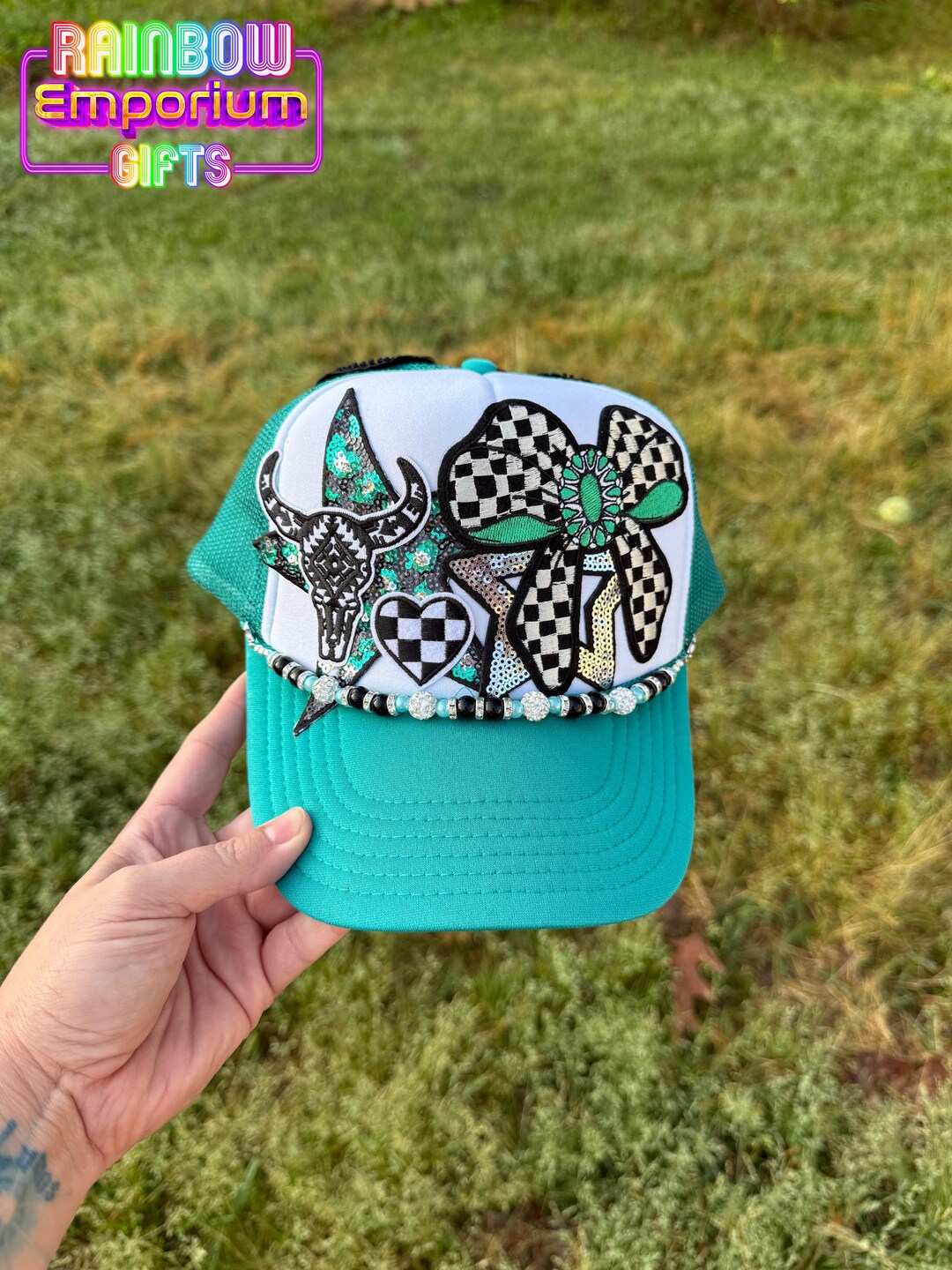 Checkered Bow Cow Skull Trucker Hat | Western Glam | Teal Star Patch ...