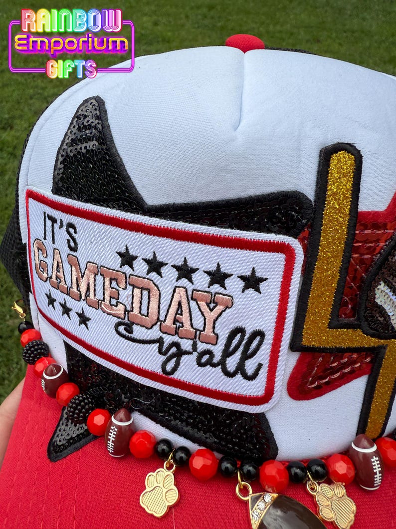 Game Day Trucker Hat: Red, Black, and Sequin Star - Optional Beaded ...