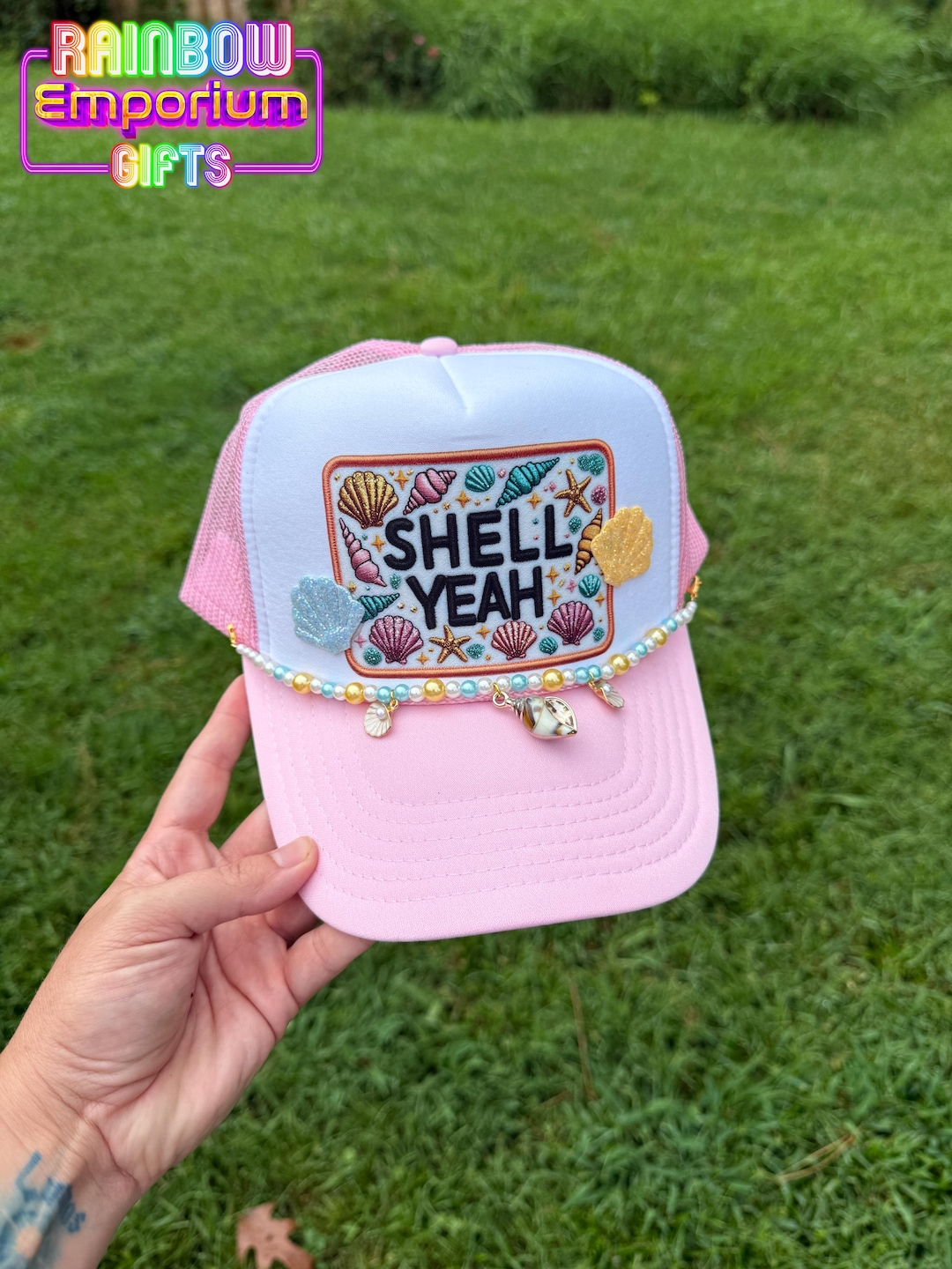 Shell Yeah Faux Patch Trucker Hat: Glitter Seashell Patches, Light Pink ...