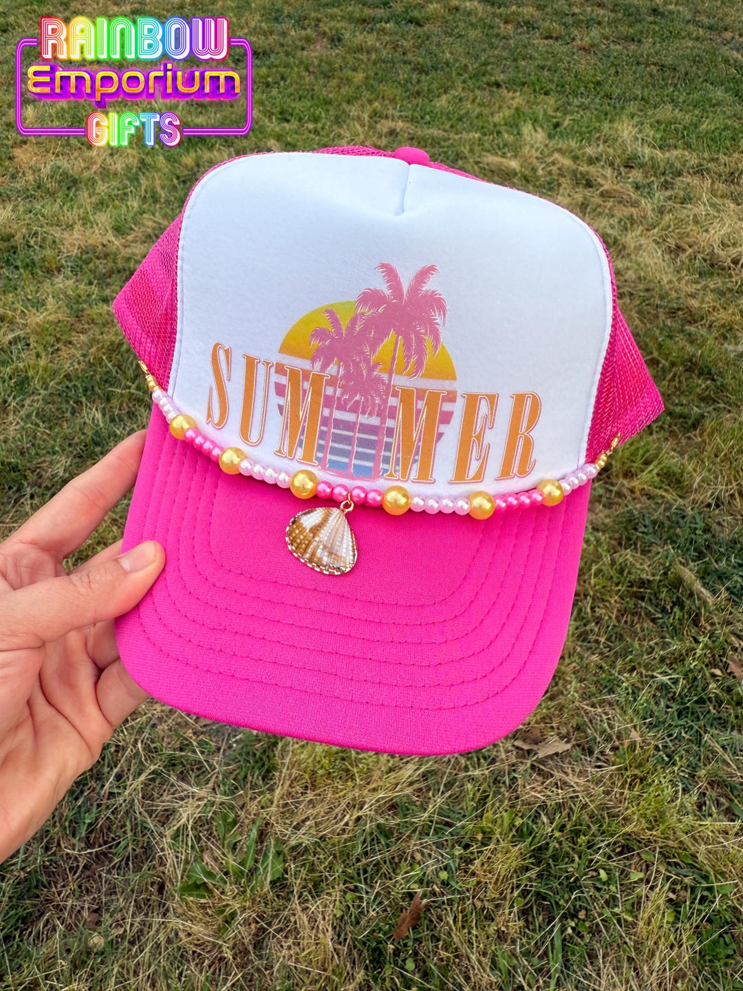 Hot Pink Summer Trucker Hat | Beaded Shell Charm, Beach Vacation Cap - Etsy
