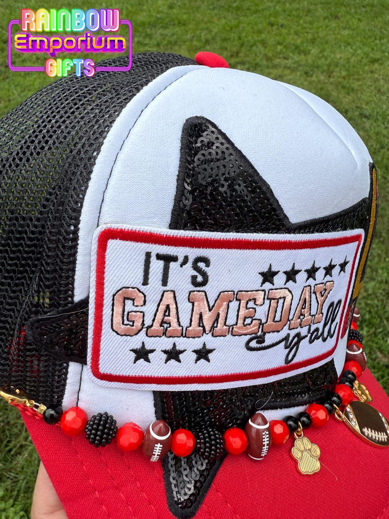 Game Day Trucker Hat: Red, Black, and Sequin Star - Optional Beaded ...