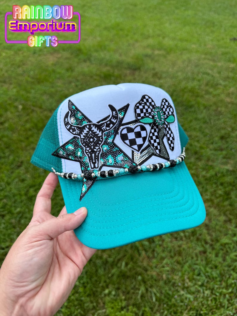 Checkered Bow Cow Skull Trucker Hat: Western Glam Rodeo Cap - Etsy