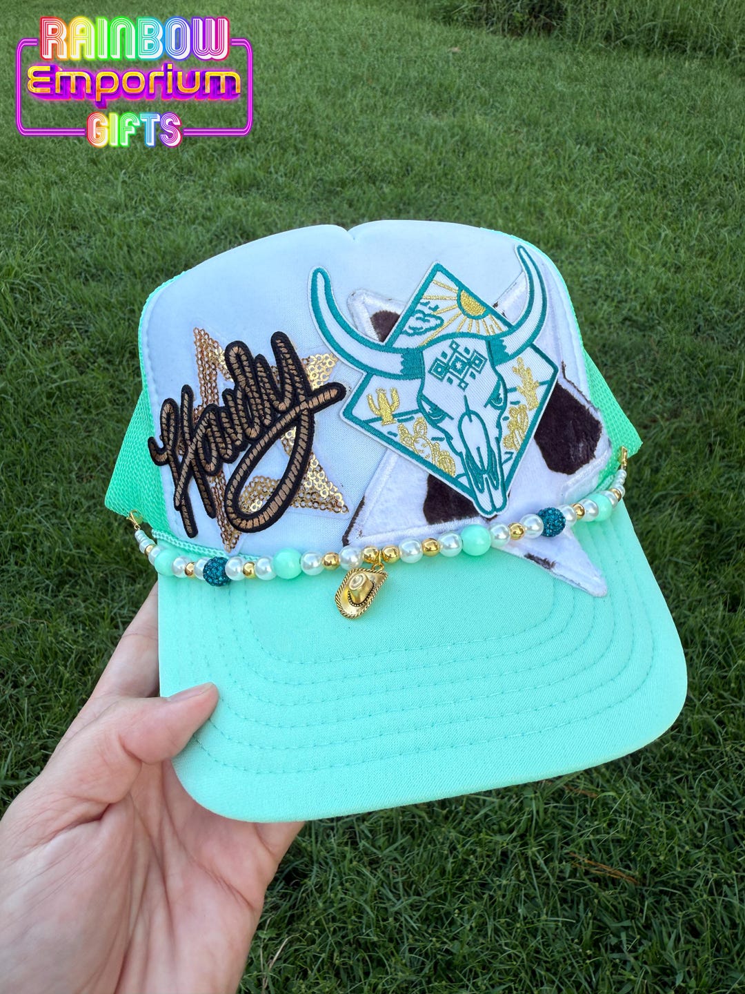 Mint Green Trucker Hat: Western Skull, Sequin Howdy Patch, Optional ...