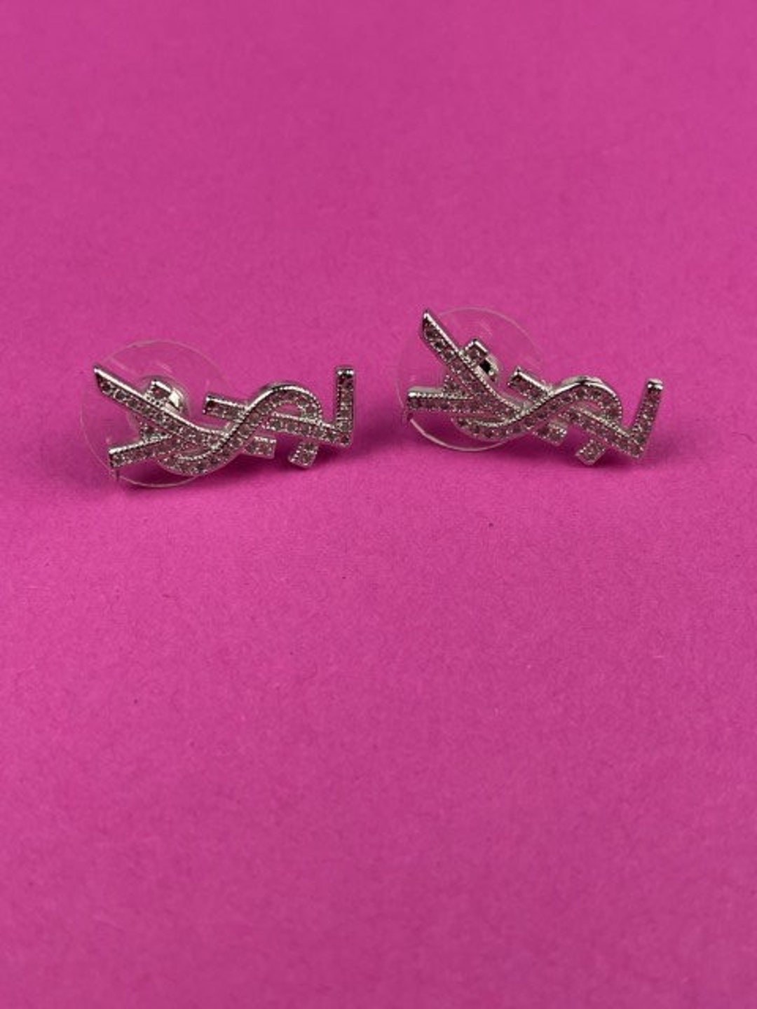 Vintage Yves Saint Laurent YSL Logo Silver Plated Modish Stud Earrings ...