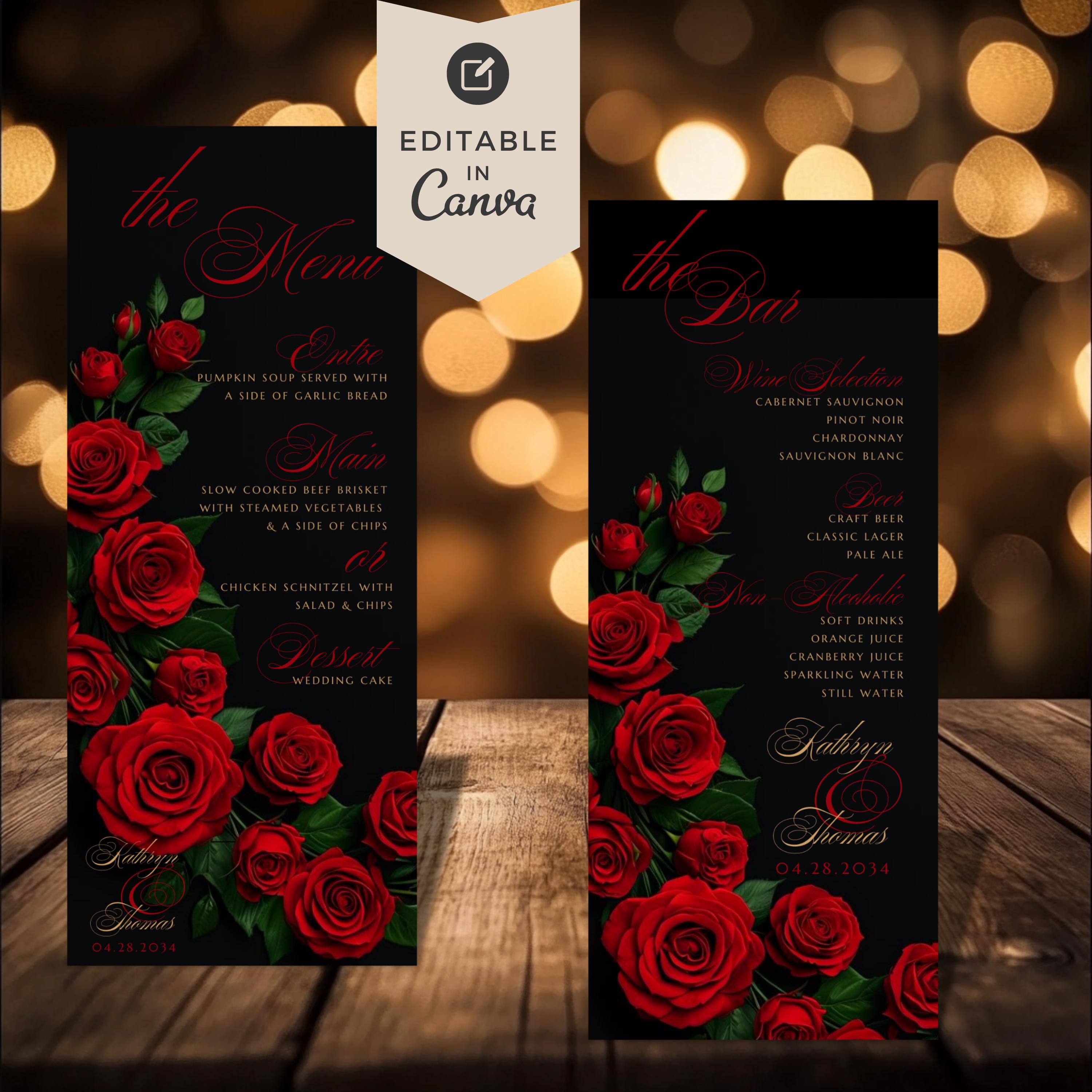 Red Rose Wedding Menu Template | Elegant Canva Dinner Party Design ...