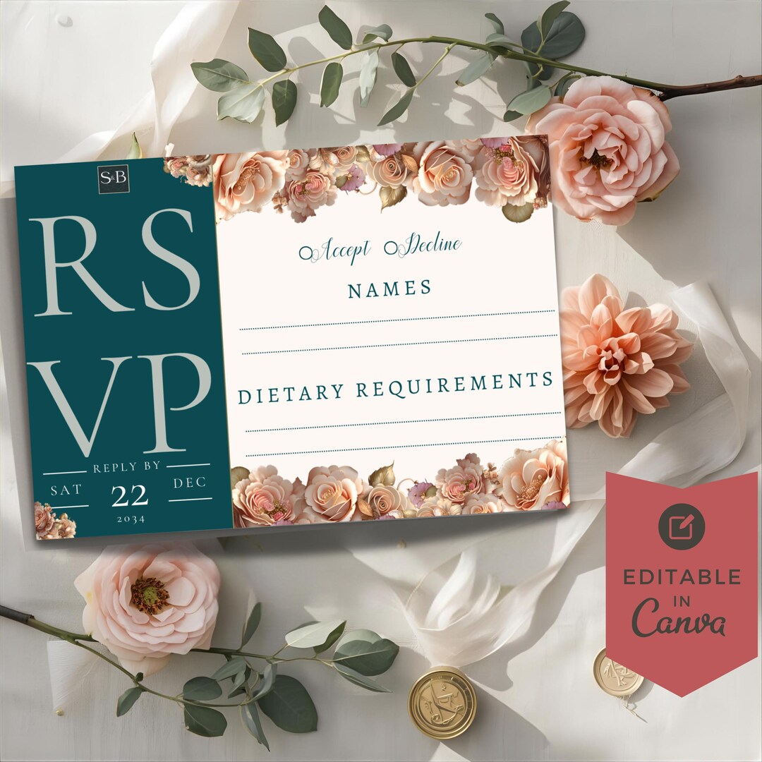 Editable Floral RSVP Card & Envelope Address Template | Teal Blush ...
