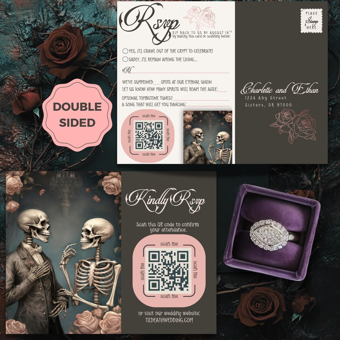 Gothic Wedding RSVP Postcard – Skeleton Couple, QR Code (canva Template ...