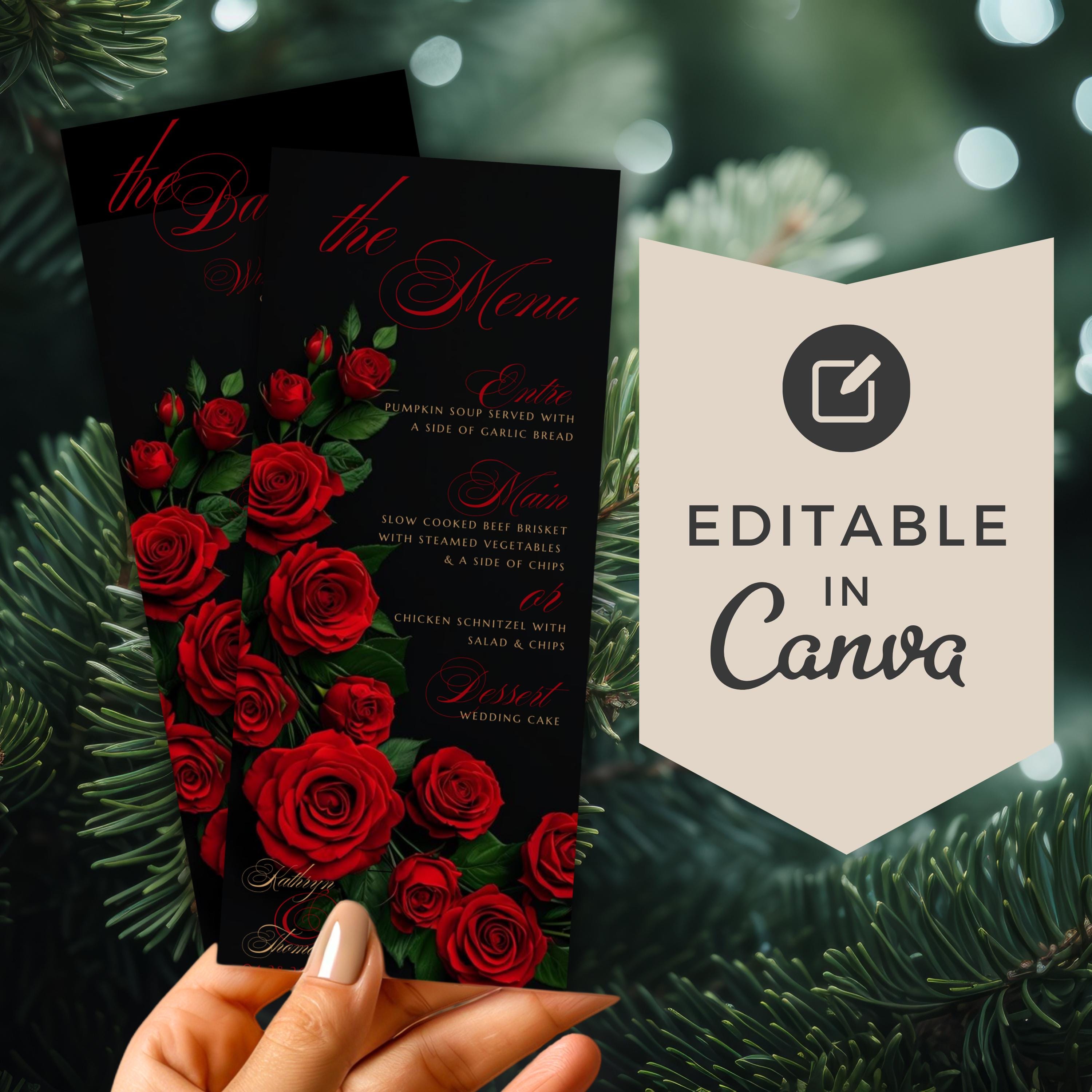 Red Rose Wedding Menu Template | Elegant Canva Dinner Party Design ...