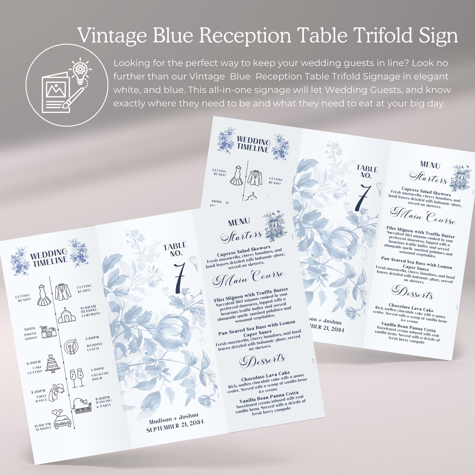 Vintage Blue Toile Trifold Table Sign Menu Wedding Timeline Infographic ...