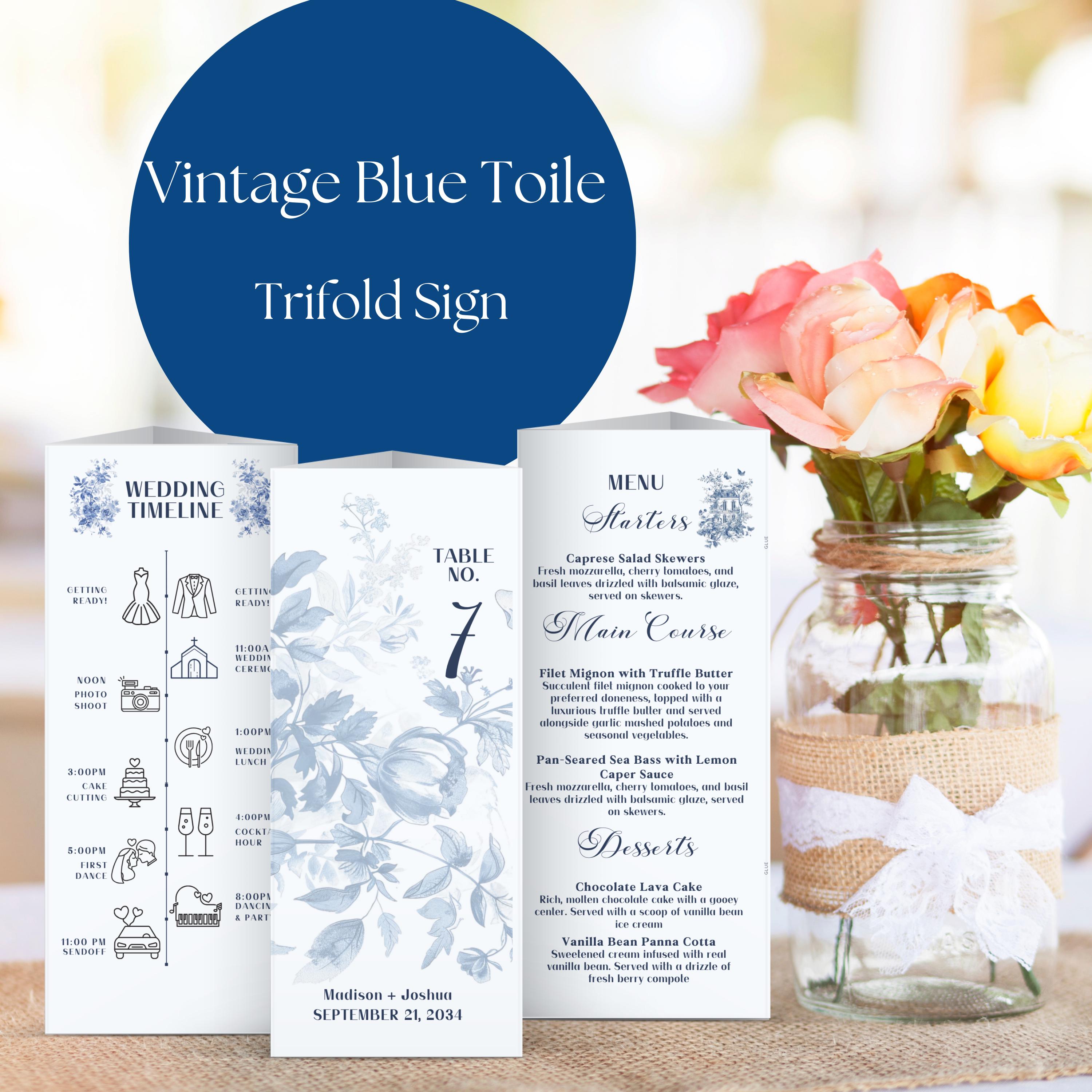 Vintage Blue Toile Trifold Table Sign Menu Wedding Timeline Infographic ...