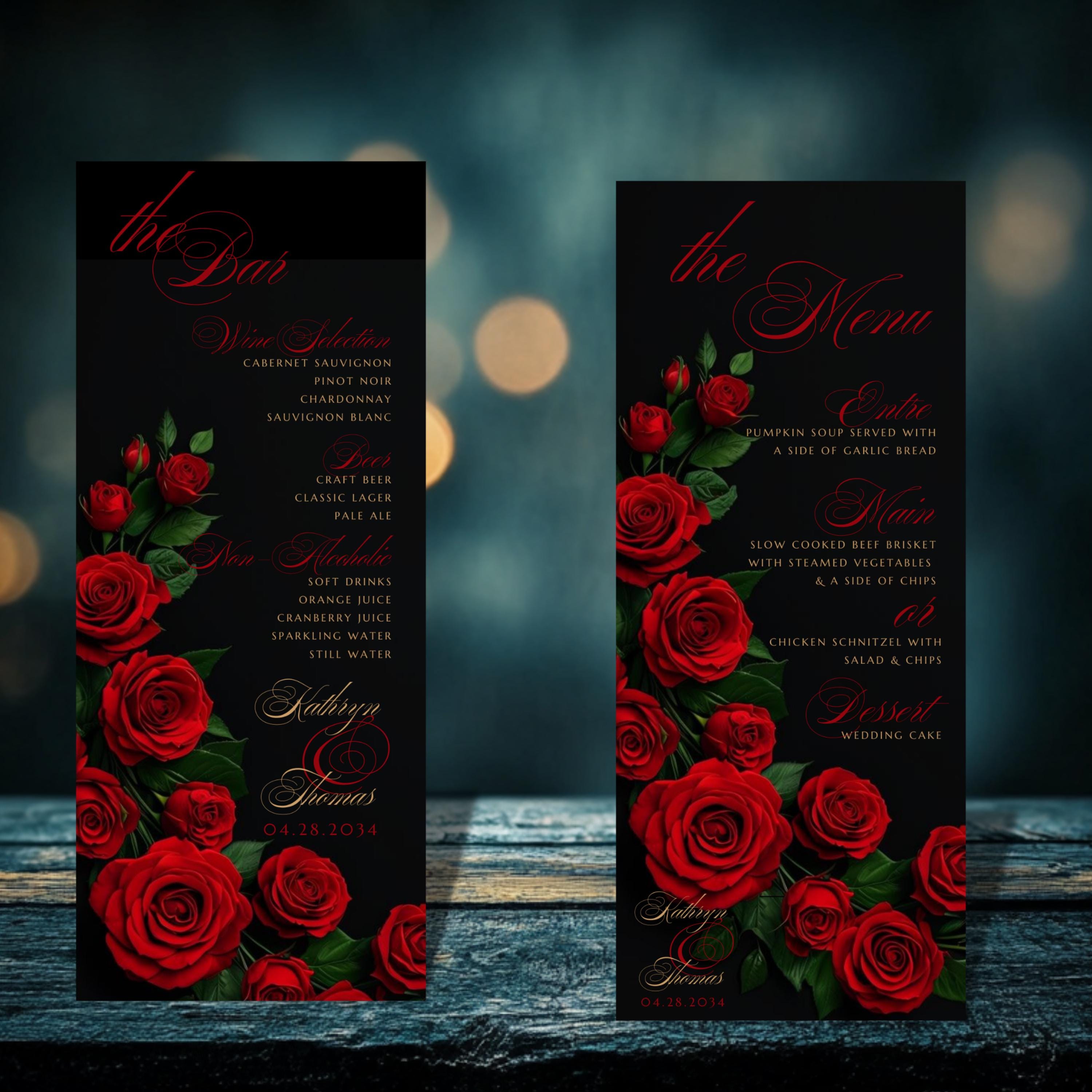 Red Rose Wedding Menu Template | Elegant Canva Dinner Party Design ...