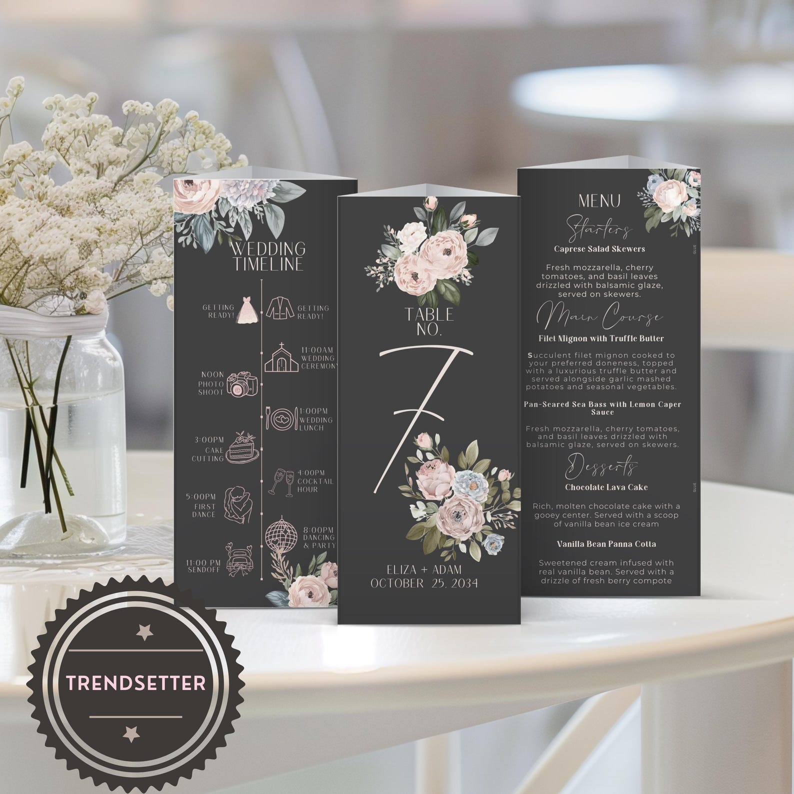 Floral Wedding Timeline, Menu, Table Card, Trifold Brochure (canva ...