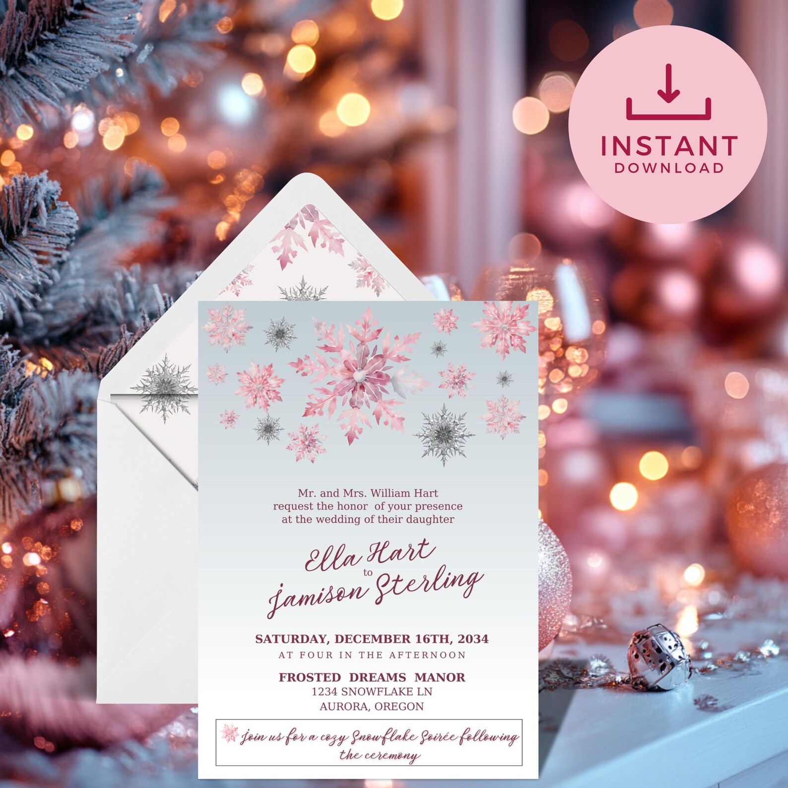 Pink Snowflake Wedding Invitation, Winter Wonderland (canva Editable ...