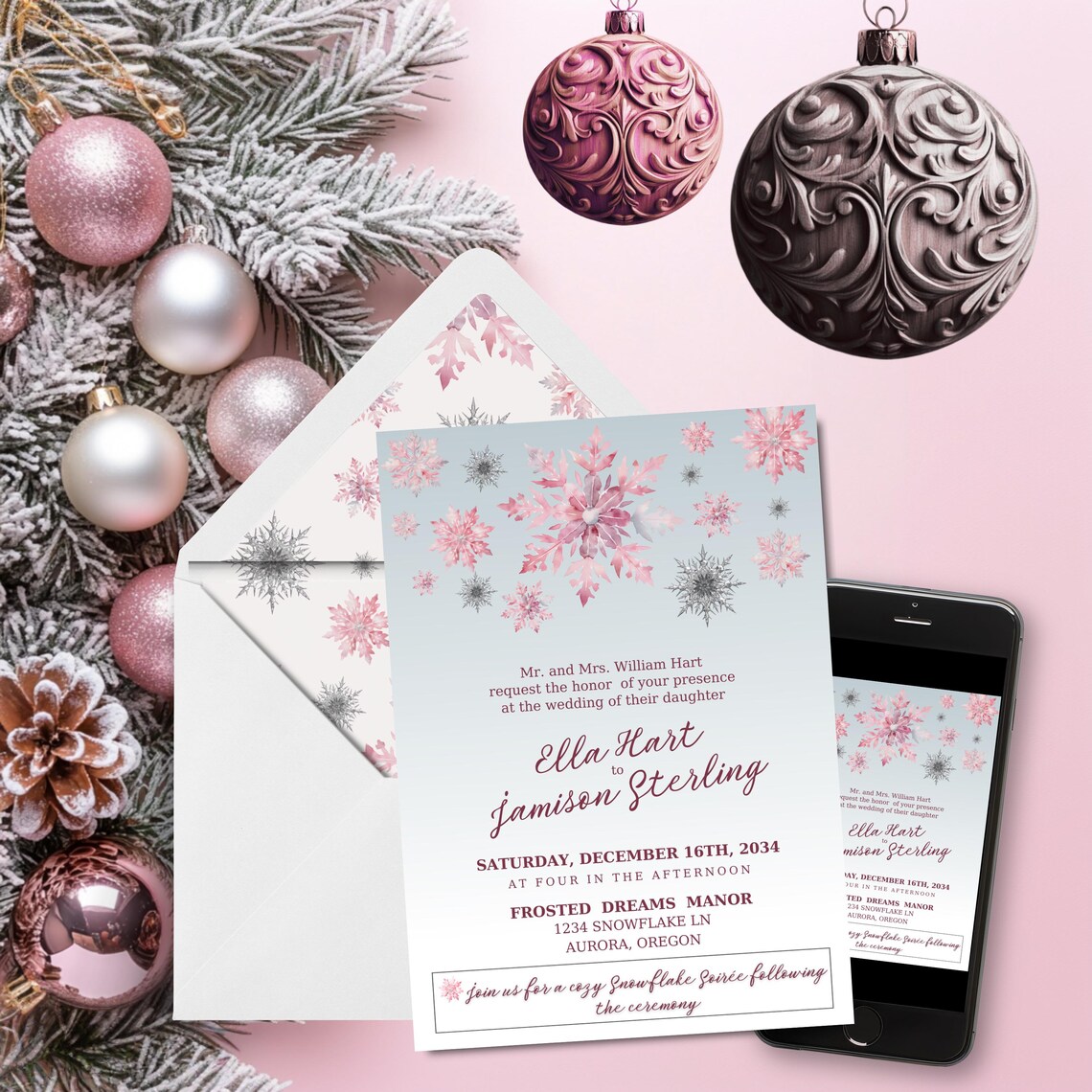Pink Snowflake Wedding Invitation, Winter Wonderland (canva Editable ...