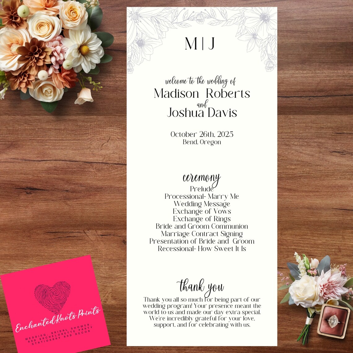 Slim Wedding Program Template, Monogram & Flower Border, Elegant ...