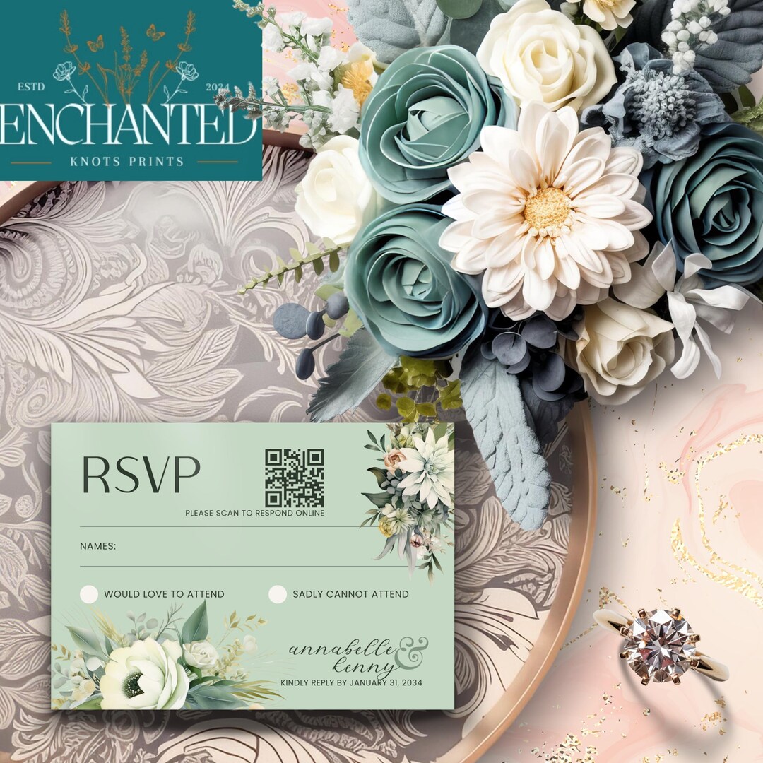 Chic Sage Green RSVP Card With QR Code, Stylish Invitation Response Cards for Easy Guests ...
