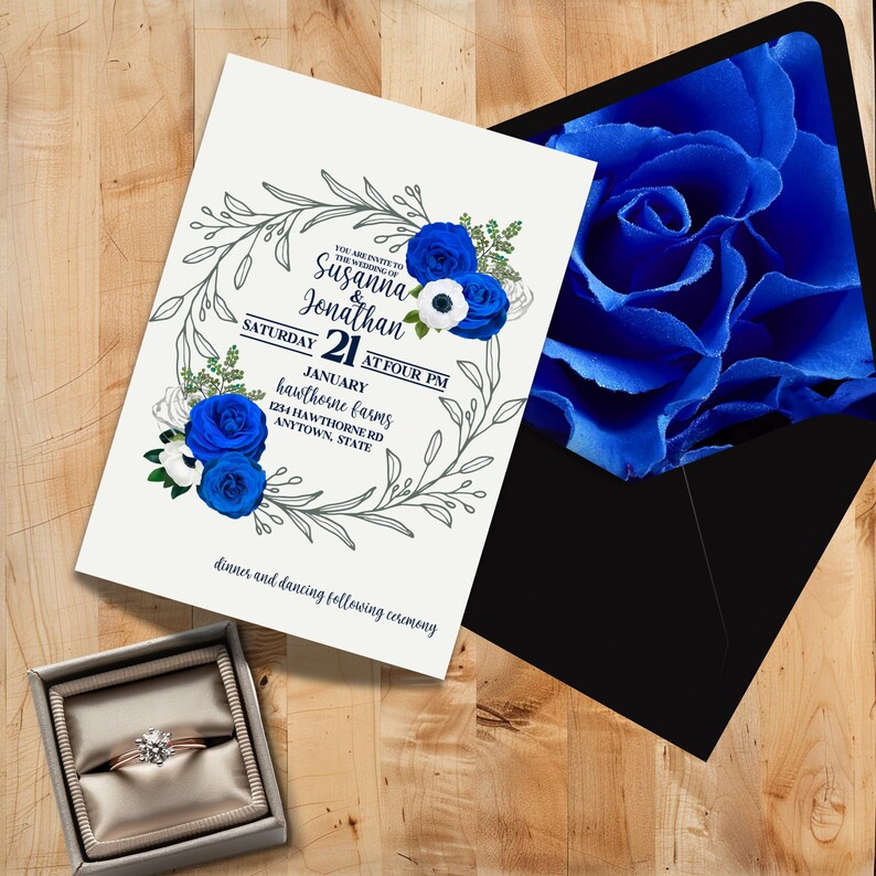 Boho Chic Wedding Invitation Printable, Royal Blue, White & Silver ...