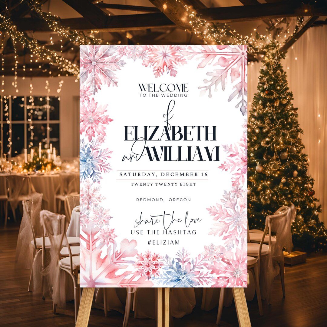Winter Wedding Welcome Sign Template, Pink Snowflake Design (canva ...
