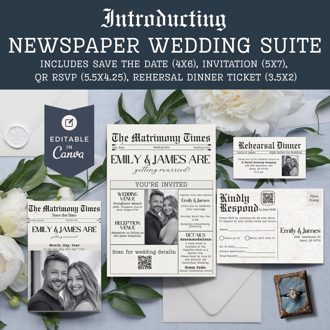 Newspaper Wedding Invitation Suite | Editable Canva Template | Save the ...
