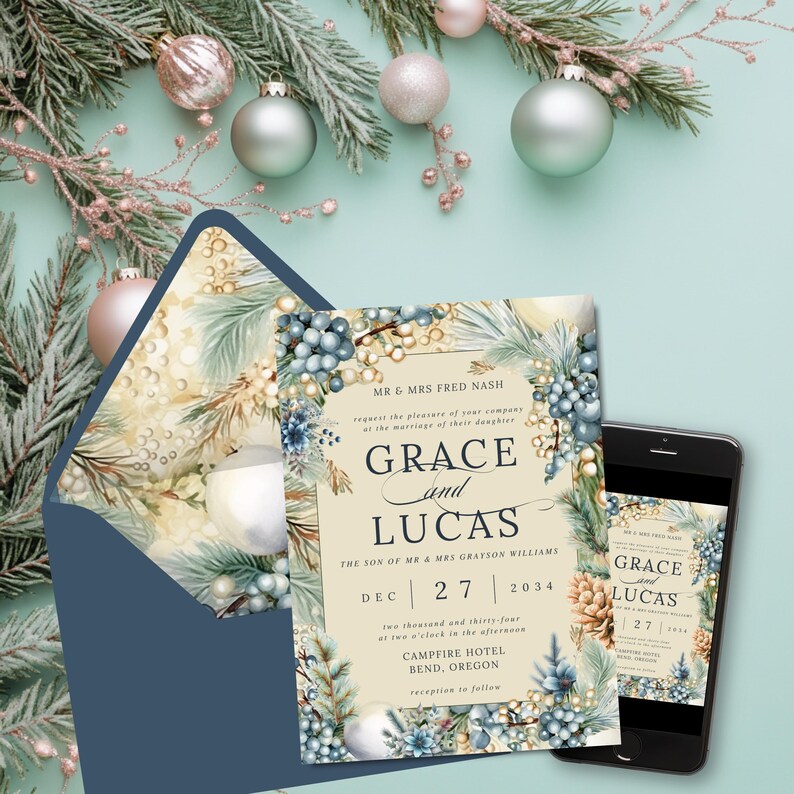 Rustic Winter Christmas Wedding Invitation, Floral Pinecone Design (PDF ...