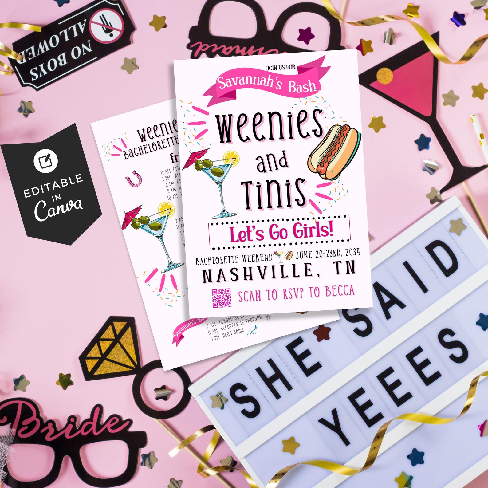 Weenies and Tinis Bachelorette Invitation, Itinerary & QR RSVP (canva ...