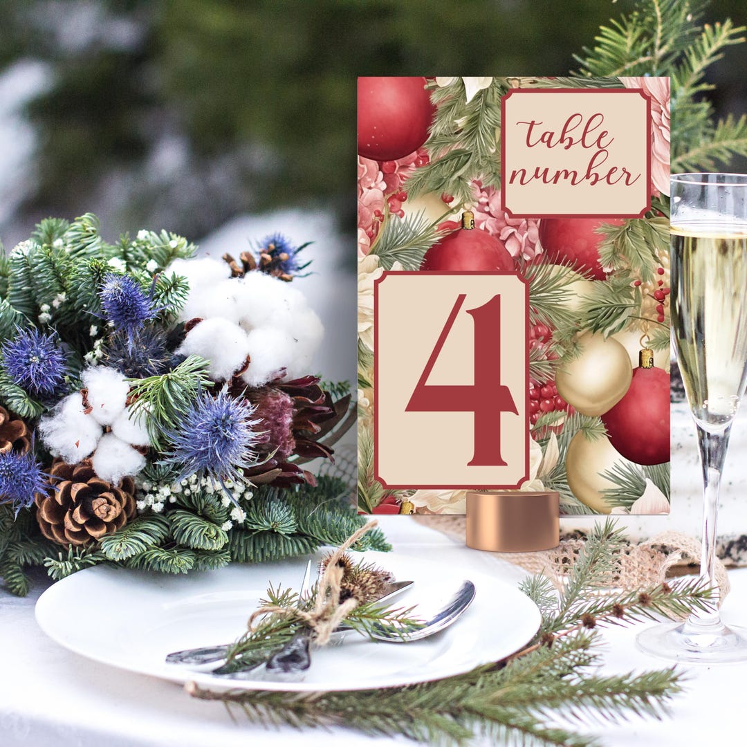 Christmas Wedding Table Number Sign, Floral Pine Design (canva Editable ...