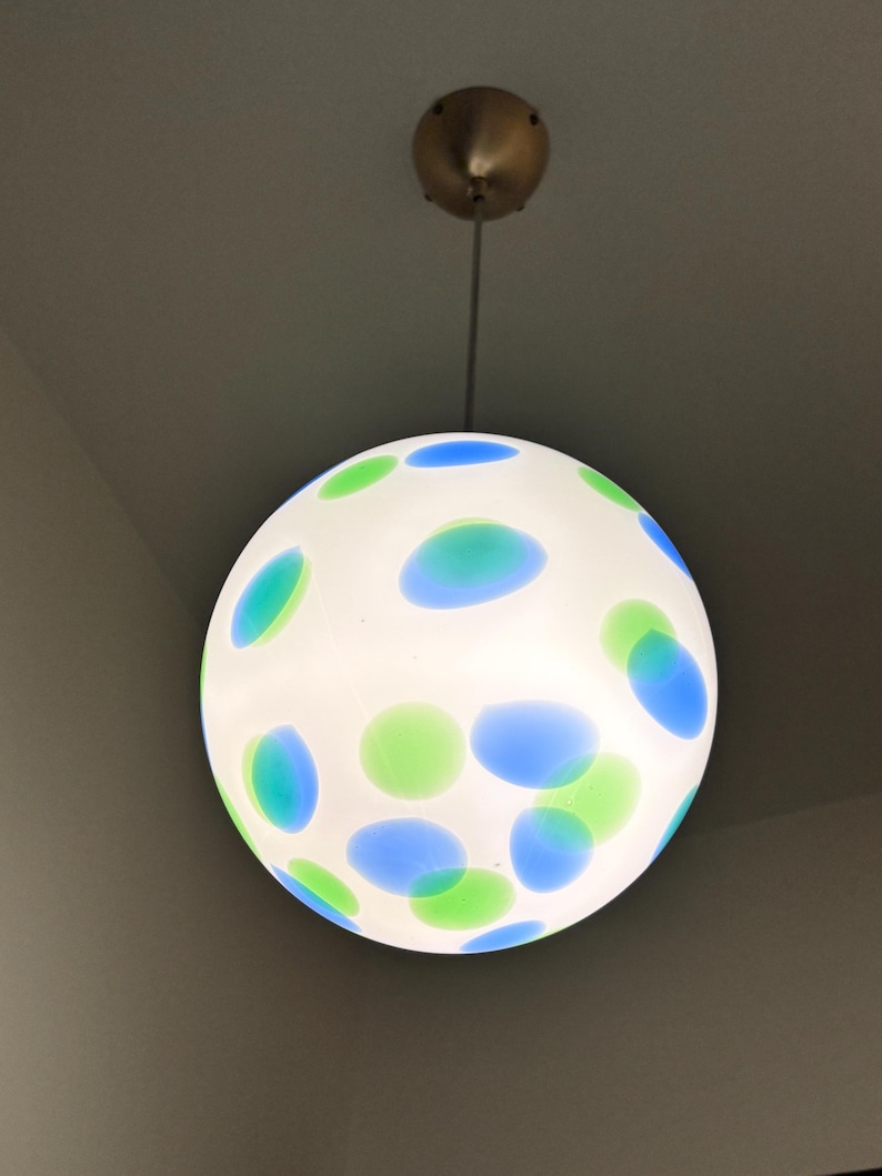 Handblown Glass Globe Pendant Light - Blue & Green Polka Dot Macchia ...