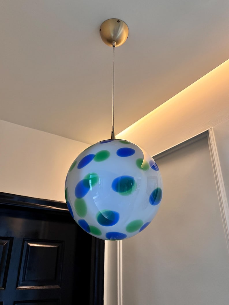 Handblown Glass Globe Pendant Light - Blue & Green Polka Dot Macchia ...