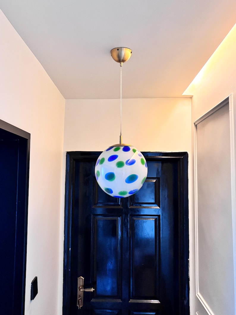 Handblown Glass Globe Pendant Light - Blue & Green Polka Dot Macchia ...