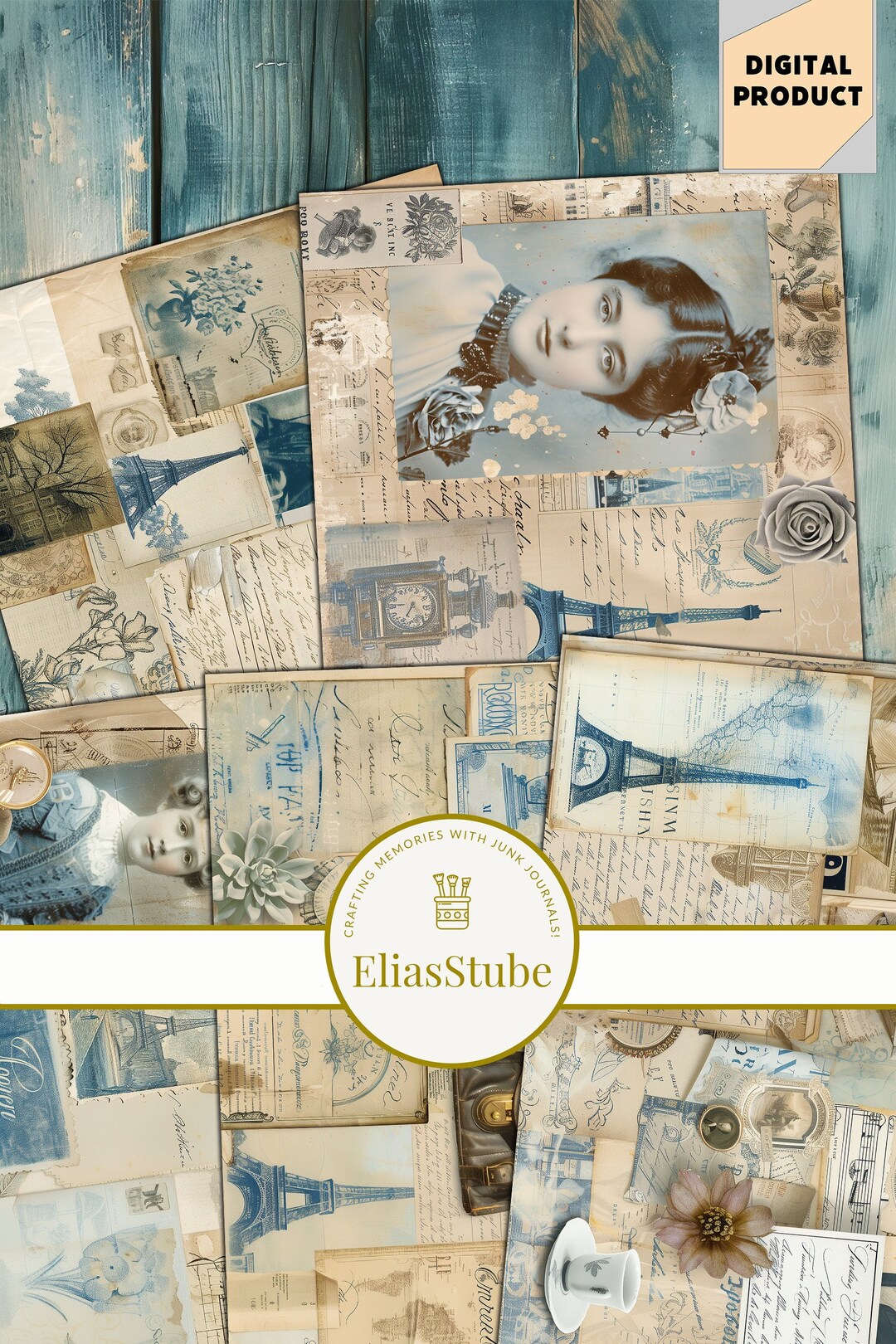 FRENCH EPHEMER, Junk Journal, Vintage, Blue Paris Collage Journal Pages ...