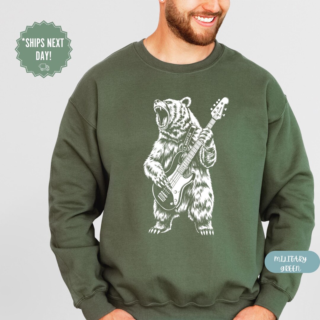 Bear Playing Bass Guitar Sweatshirt, Men Graphic Sweater, Grizzly Bear ...