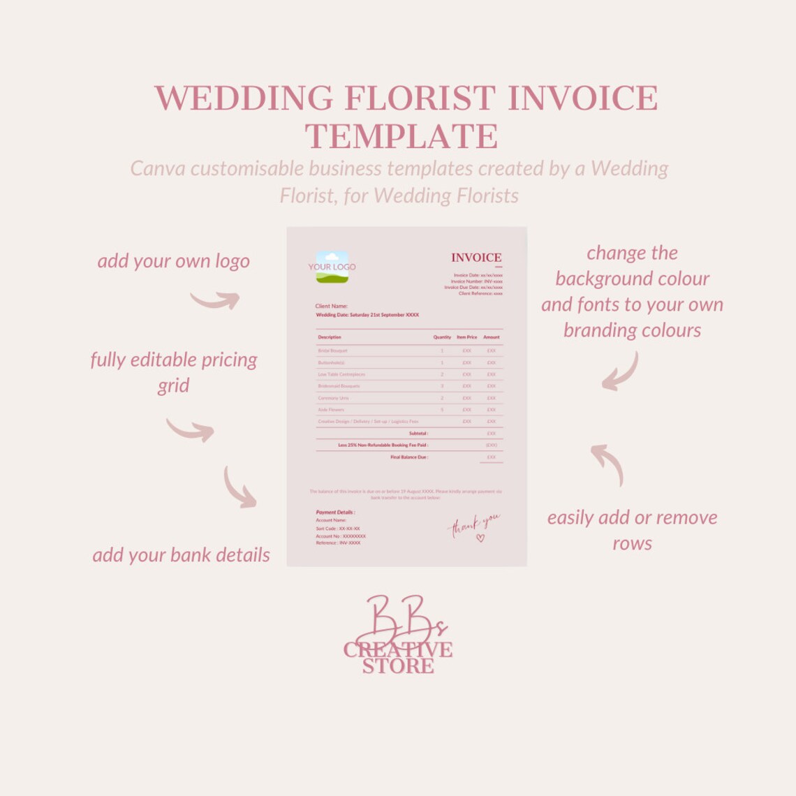 Wedding Florist Simple Invoice Template | Edit in Canva - Etsy