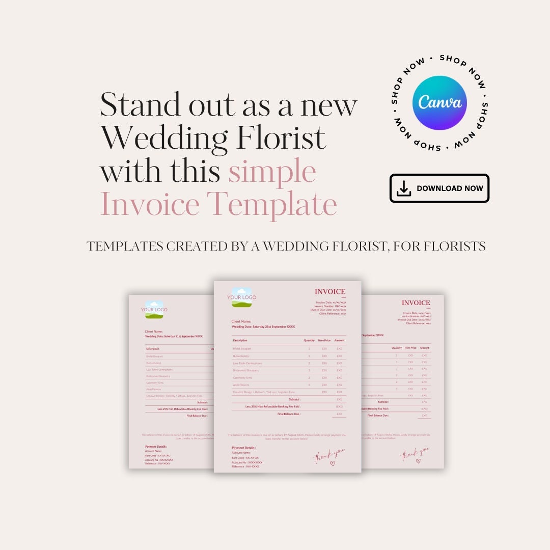 Wedding Florist Simple Invoice Template | Edit in Canva - Etsy
