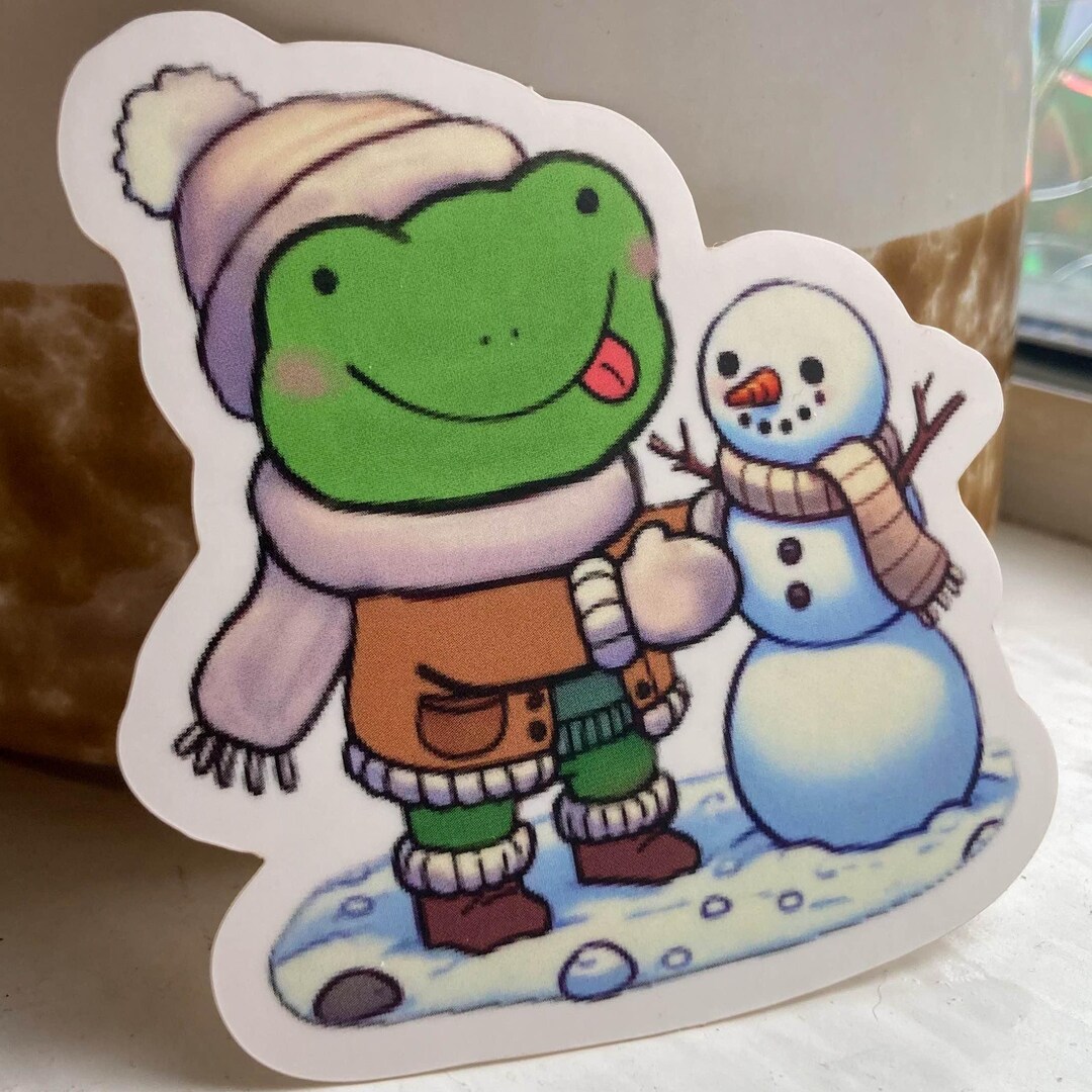 Frog Building Snowman Cute Kawaii Winter Green Frog Animal Stickers 3 ...